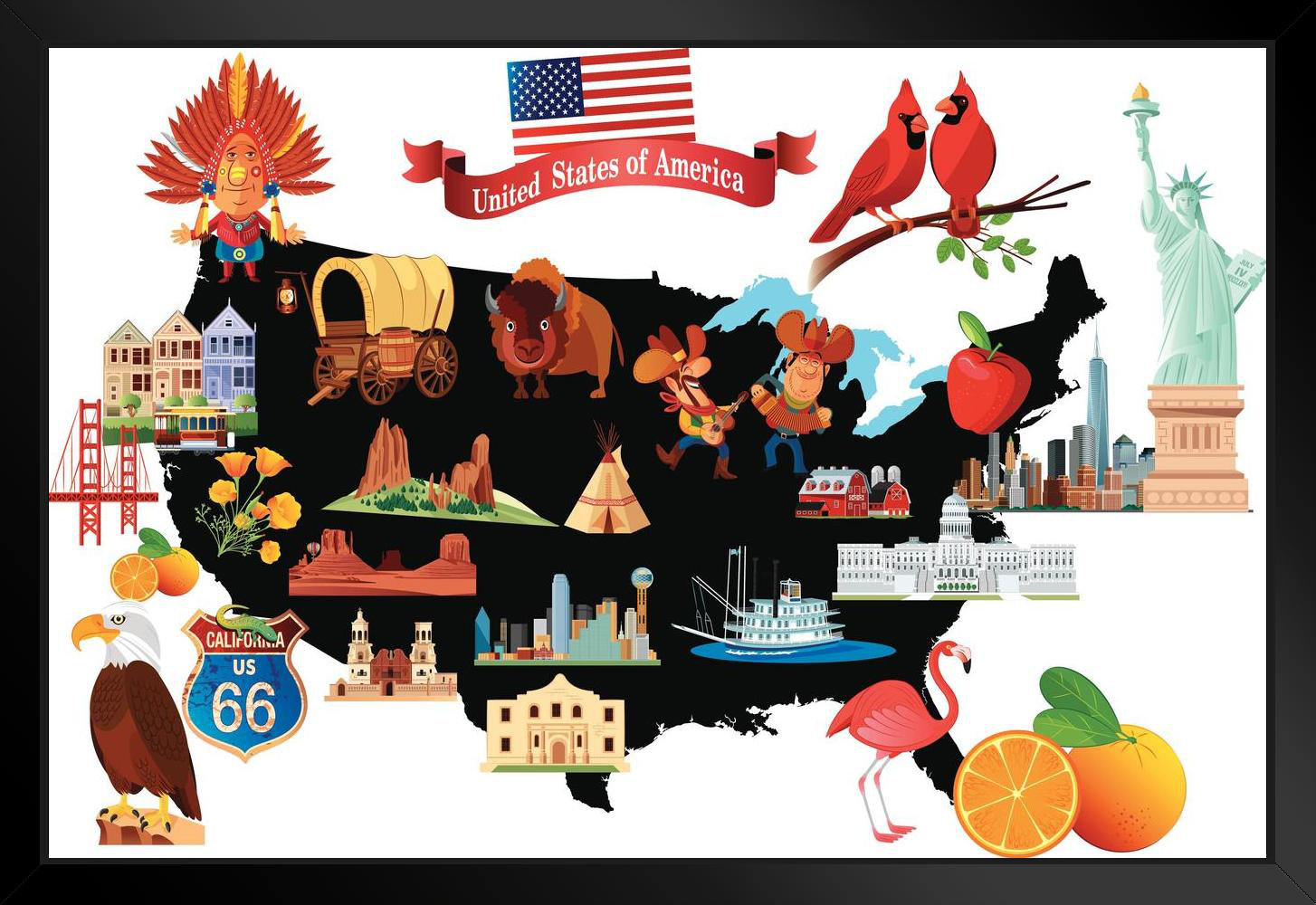 Latitude Run® Cartoon Map Of The United States USA With Symbols US Map ...