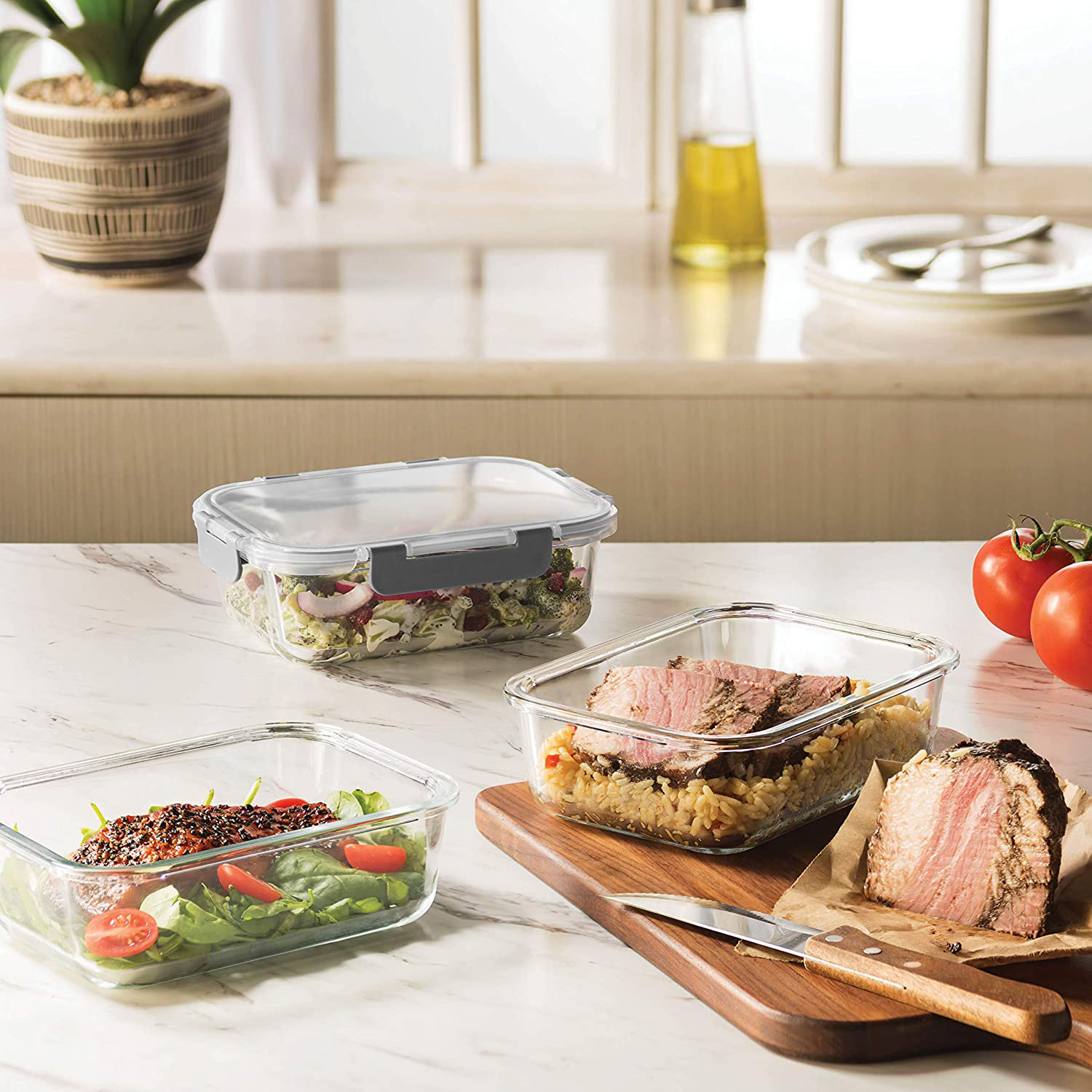 Prime Cook Glass Food Container/storage In Rectangle 3 Pieces Set ...