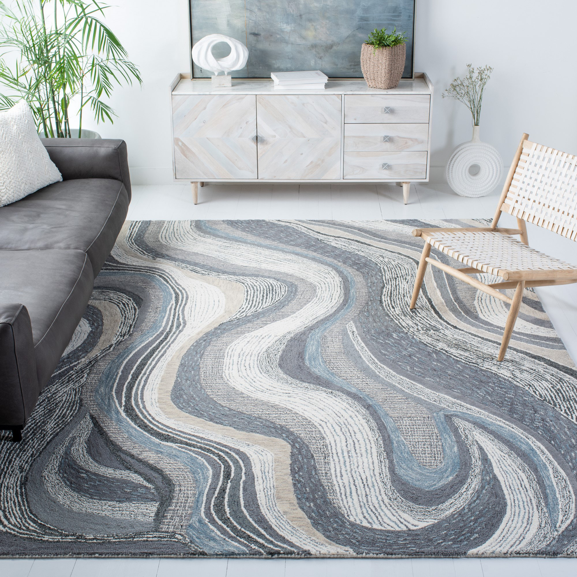 Orren Ellis Albrey Abstract Handmade Tufted Wool Gray/Ivory Area Rug ...