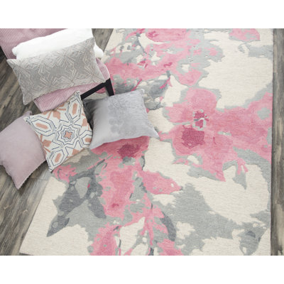 Ebern Designs Prentice Handmade Wool Beige/Pink Rug | Wayfair