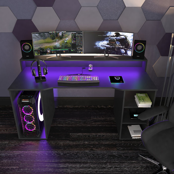 Inbox Zero Palomino Gamer Reversible Gaming Desk with Built in Outlets ...