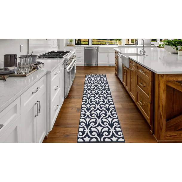 Jean Pierre Tufted Performance Floral Scroll Navy/White Runner Rug ...