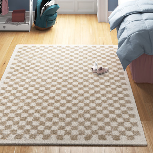 Wade Logan Tapscott Soft High Pile Machine Woven Chequered Beige/White ...