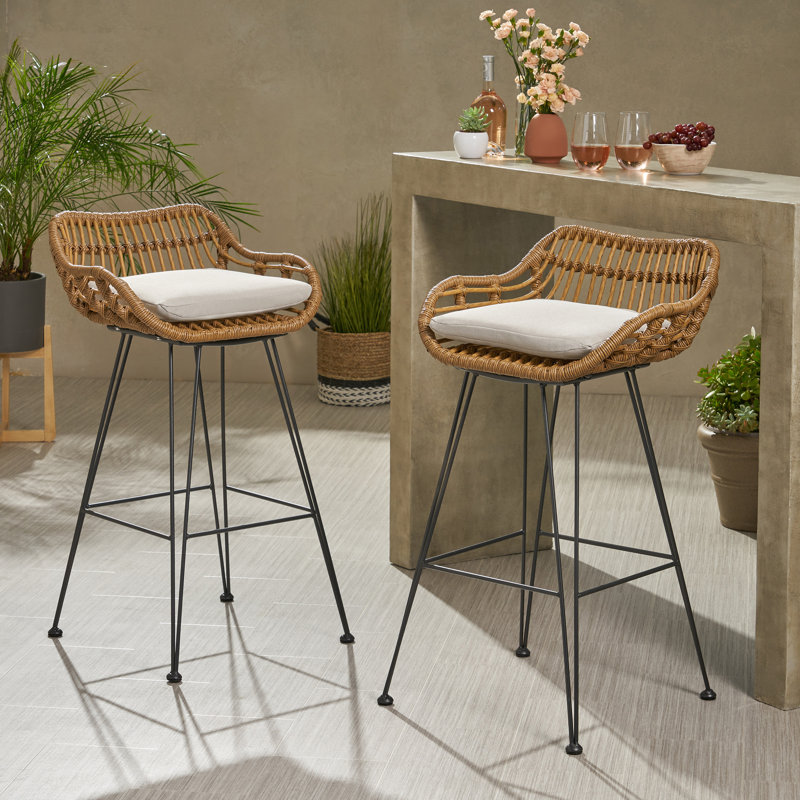 George Oliver Endicott Wicker Outdoor 30'' Bar Stool with Cushion ...