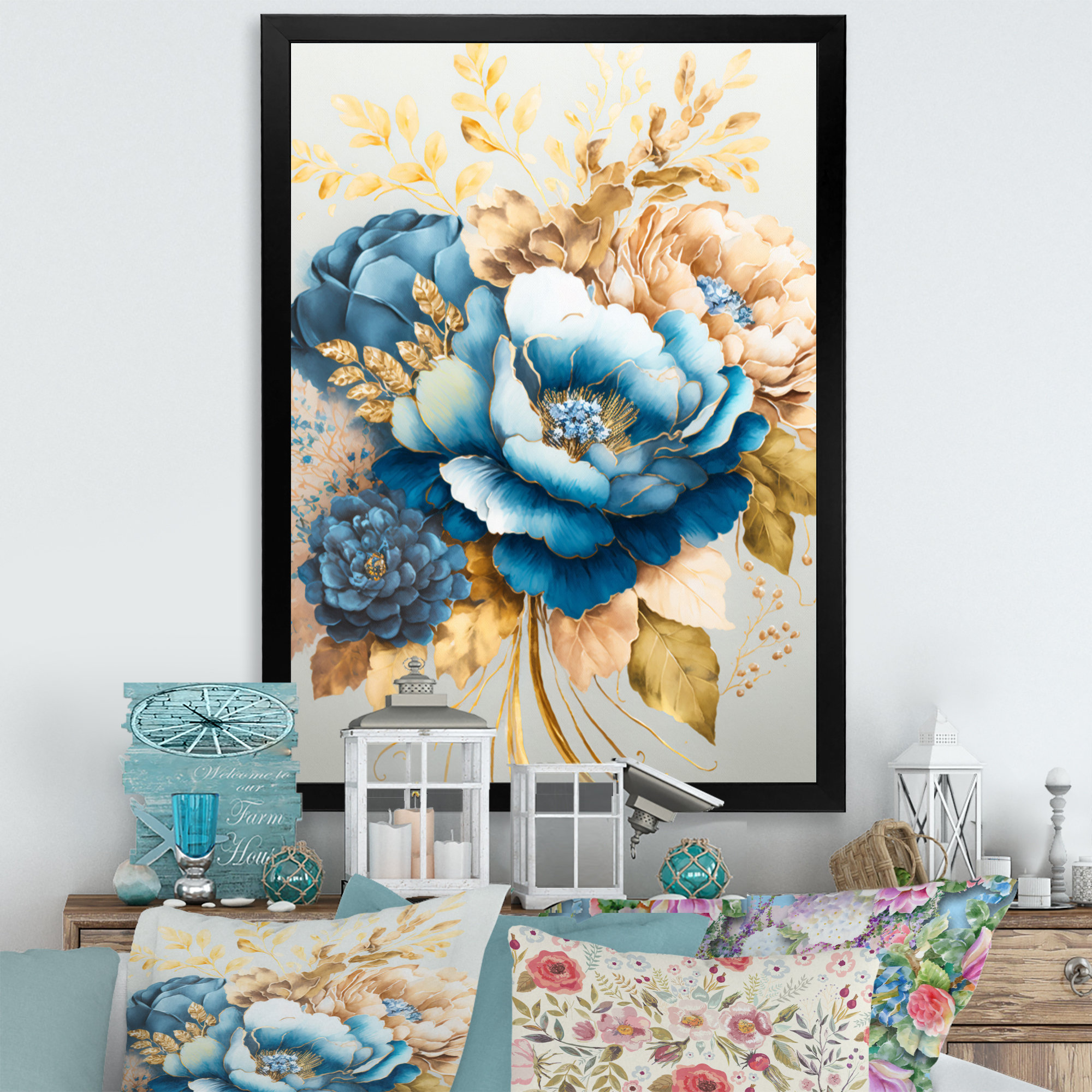 House of Hampton® Renay Golden Blue Flower Arrangement II - Print on ...