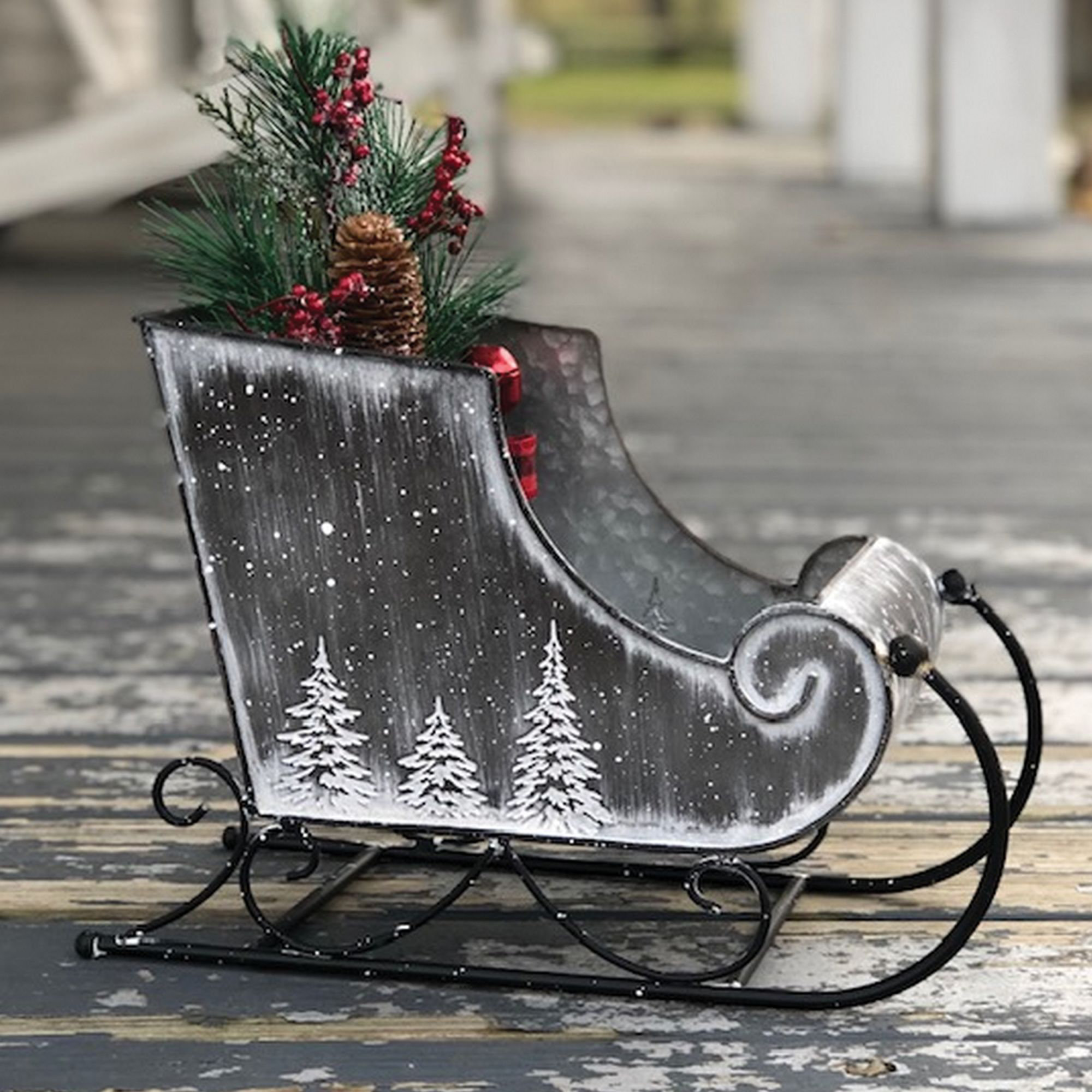 The Holiday Aisle® Embossed Snowy Pine Tree Metal Sleigh Small | Wayfair