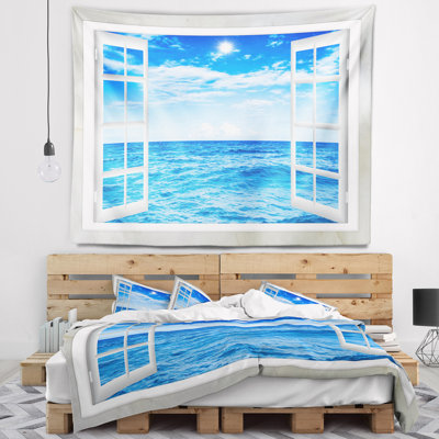 Bless international Seashore Window Open to Blue Wavy Ocean Tapestry ...