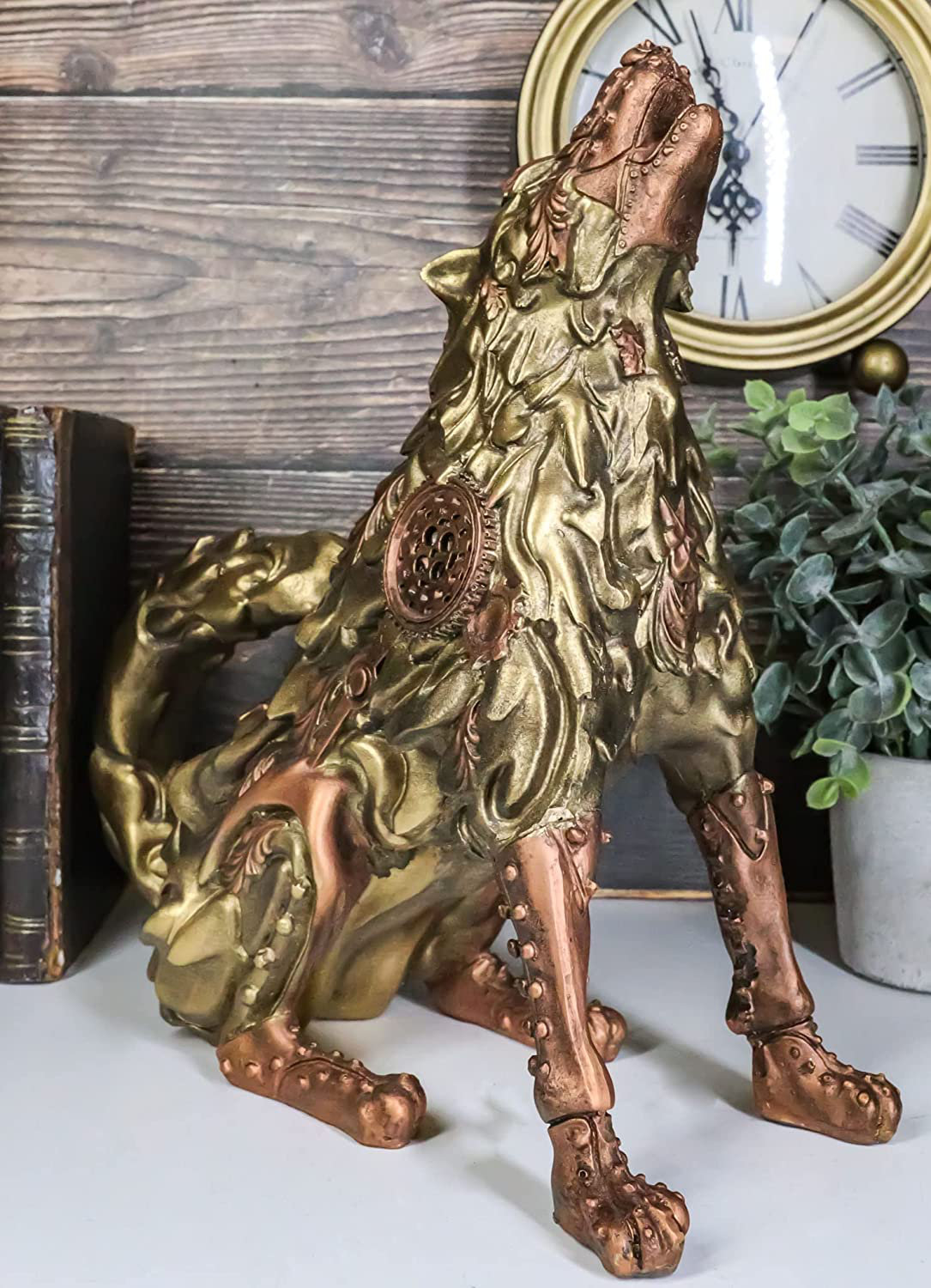 Trinx Elarna Golden Robotic Alpha Wolf Howling Statue With Sculpted ...