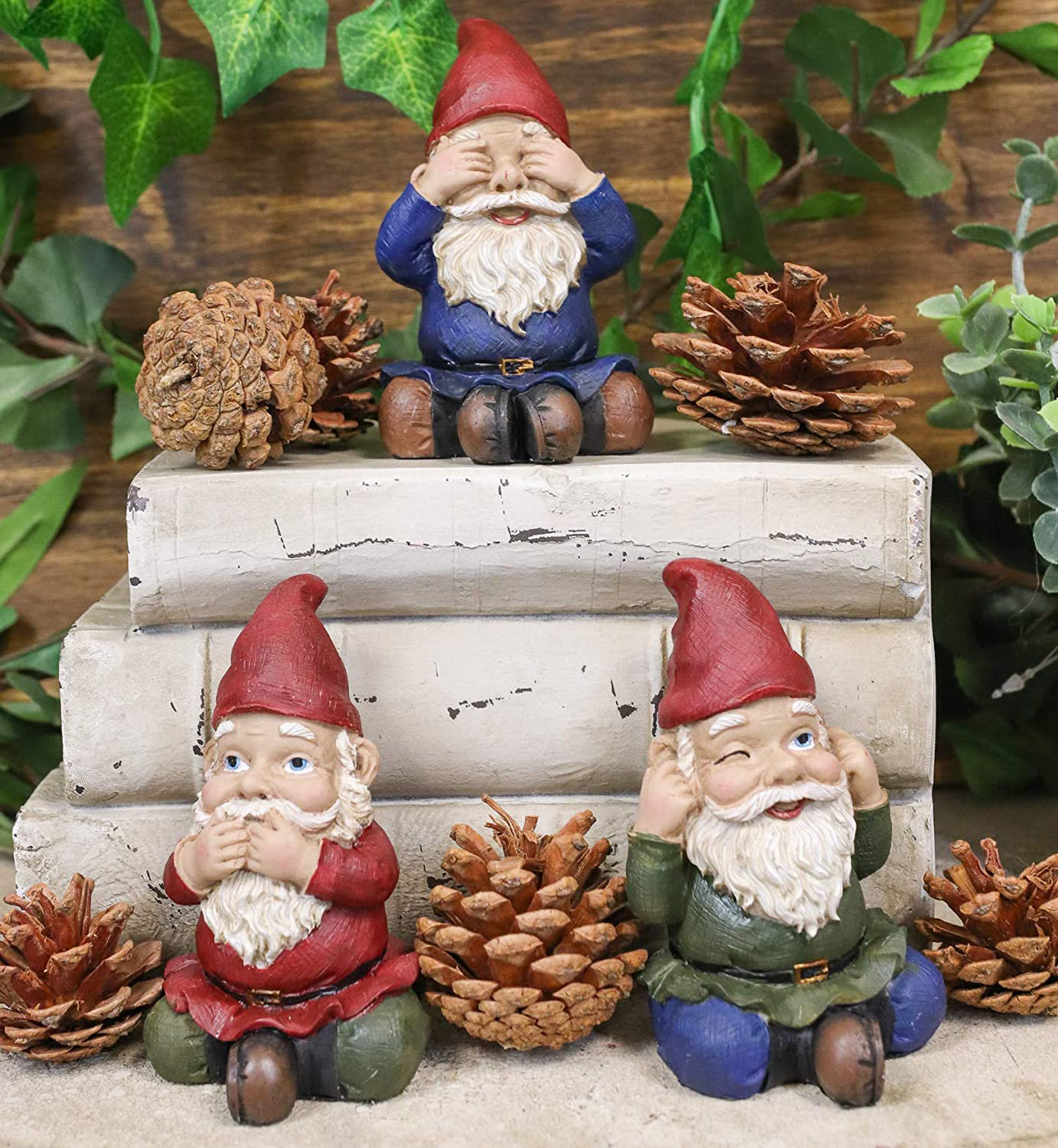 Trinx Ebros Whimsical See Hear Speak No Evil Wise Gnomes Figurines 4 ...