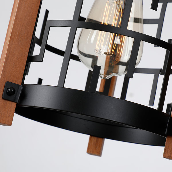 17 Stories Black Metal Mesh and Wood Rustic Island Kitchen Lamp Wood ...
