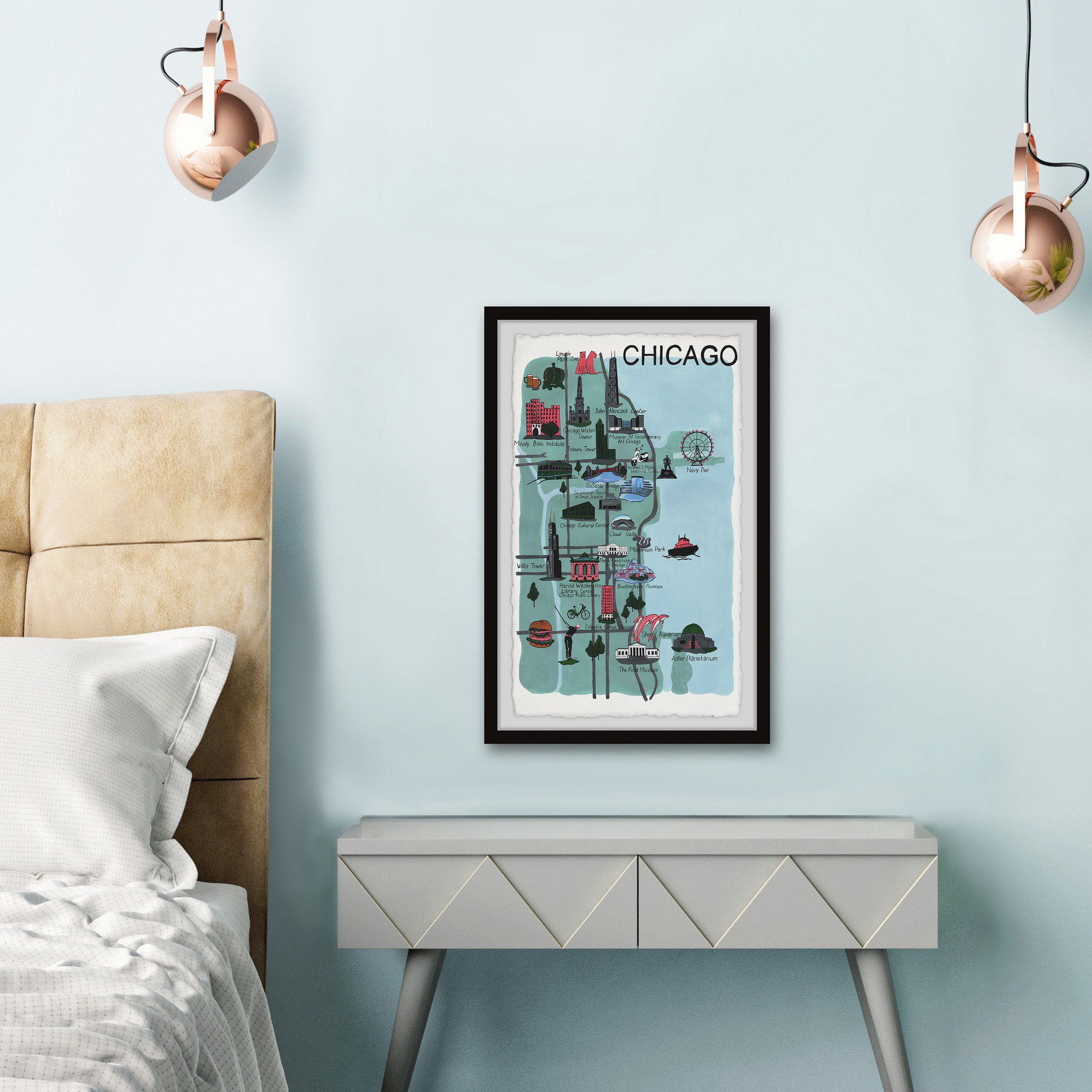 Zoomie Kids Illustrated Map Of The City Of Chicago - Picture Frame ...