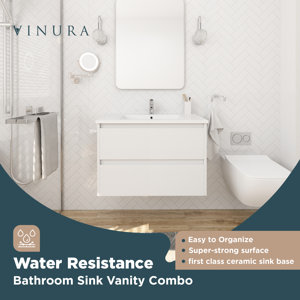 Vinura 30'' Wall Mounted Single Bathroom Vanity with Ceramic Vanity Top ...