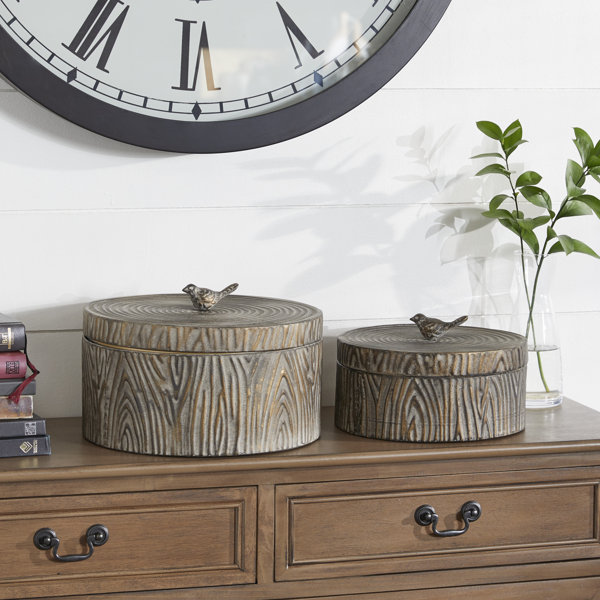 Dakota Fields Tree Bark Texture and Bird Handled Lid 2 Piece Metal Box ...