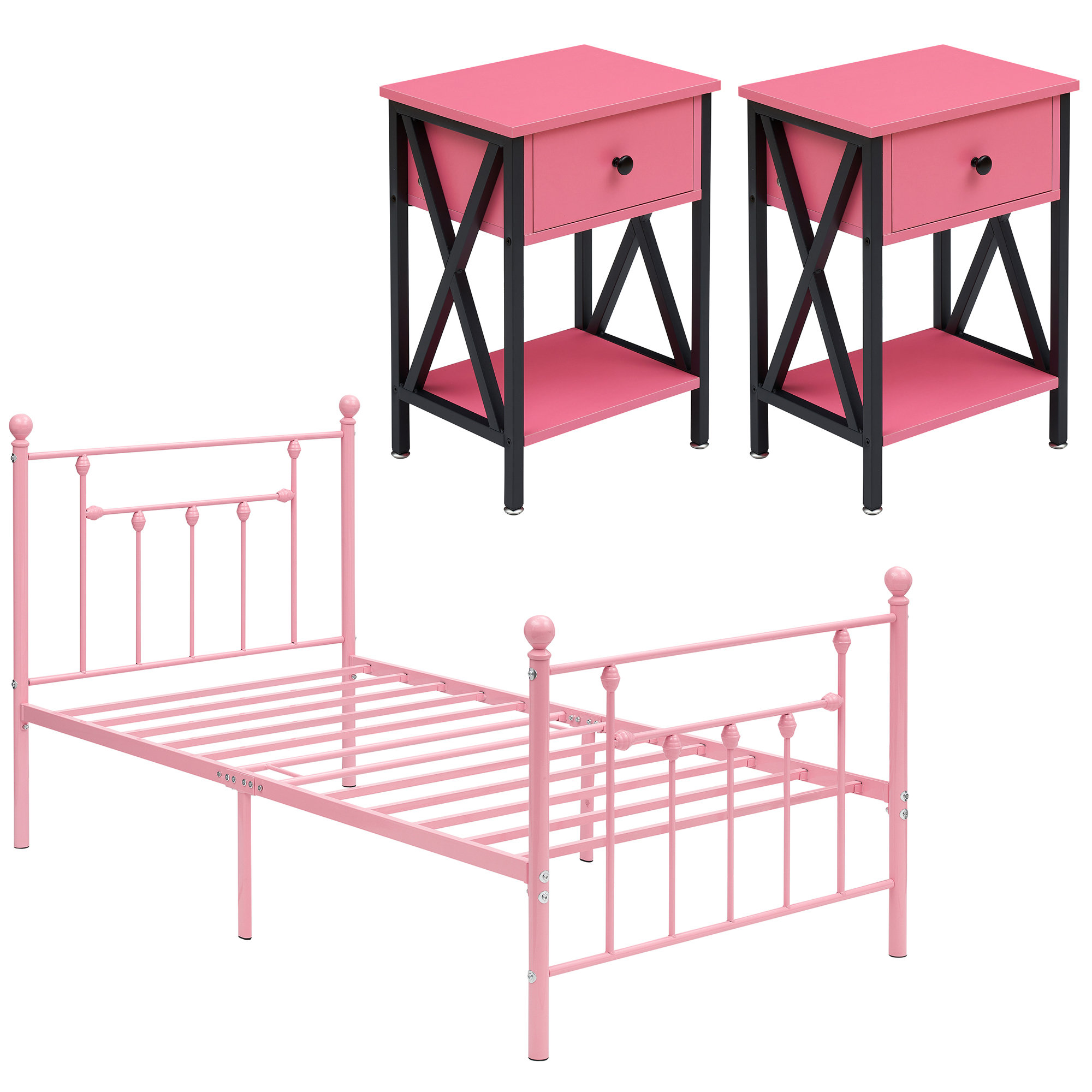 August Grove® 3 Piece Bedroom Set With Pink Platform Twin Bed And 2 ...