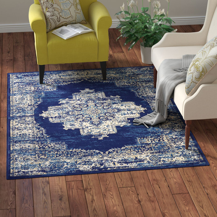 Bungalow Rose Burnie Performance Blue/White Rug & Reviews | Wayfair
