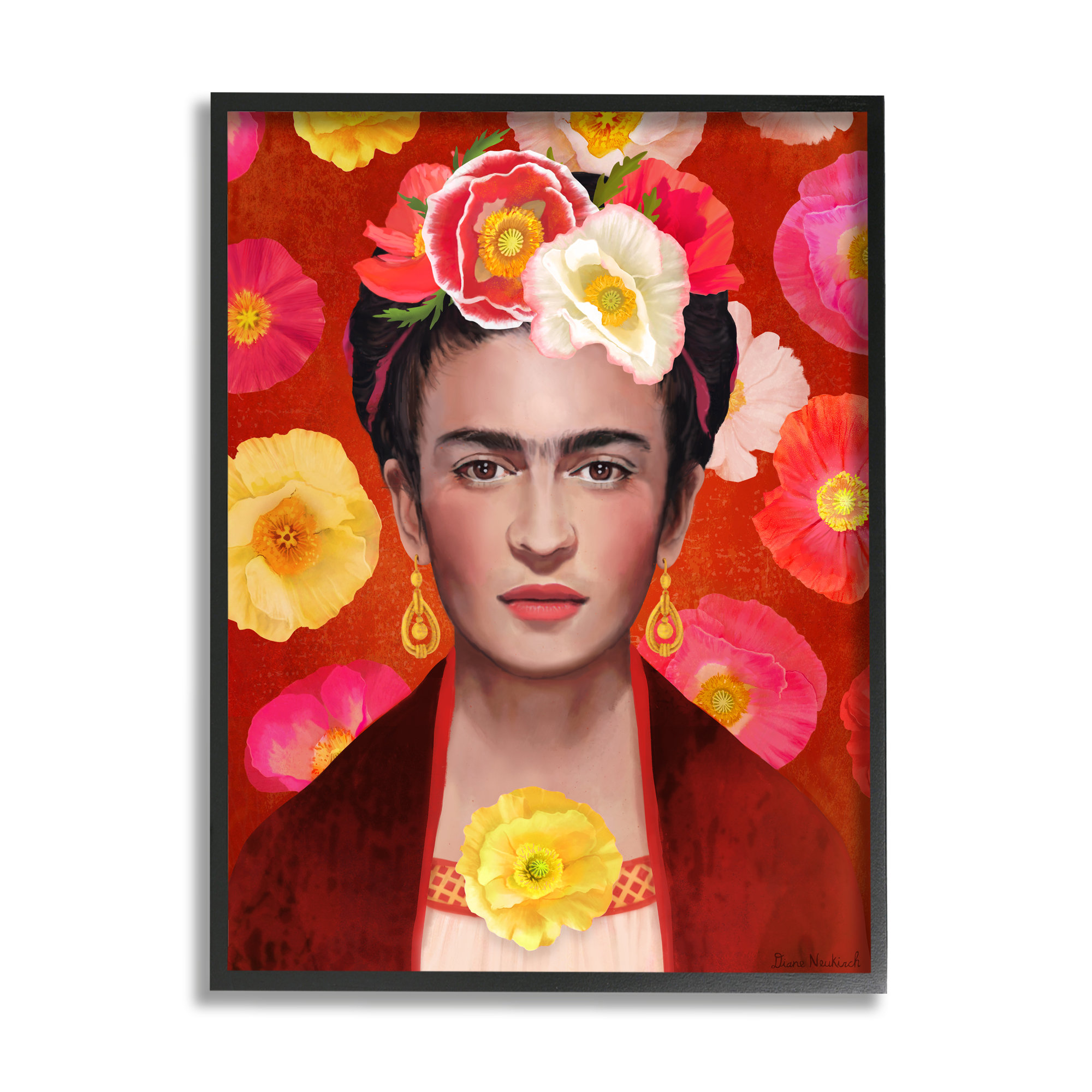Stupell Industries Bold Frida Kahlo Portrait Floral Poppies Pattern ...