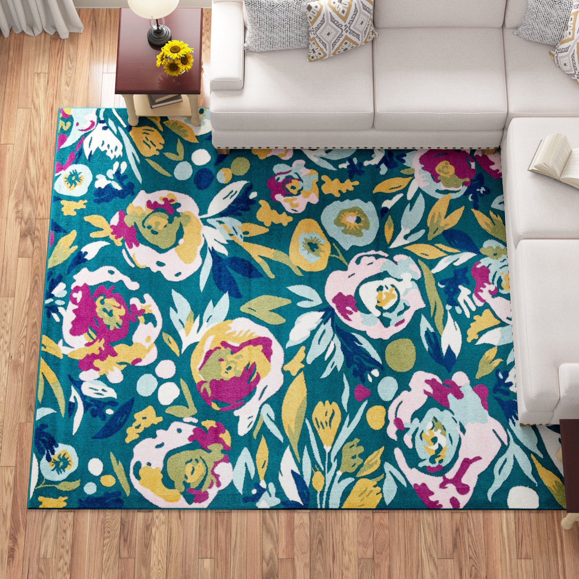 Andover Mills™ Holle Floral Teal/Yellow/Pink Area Rug & Reviews | Wayfair
