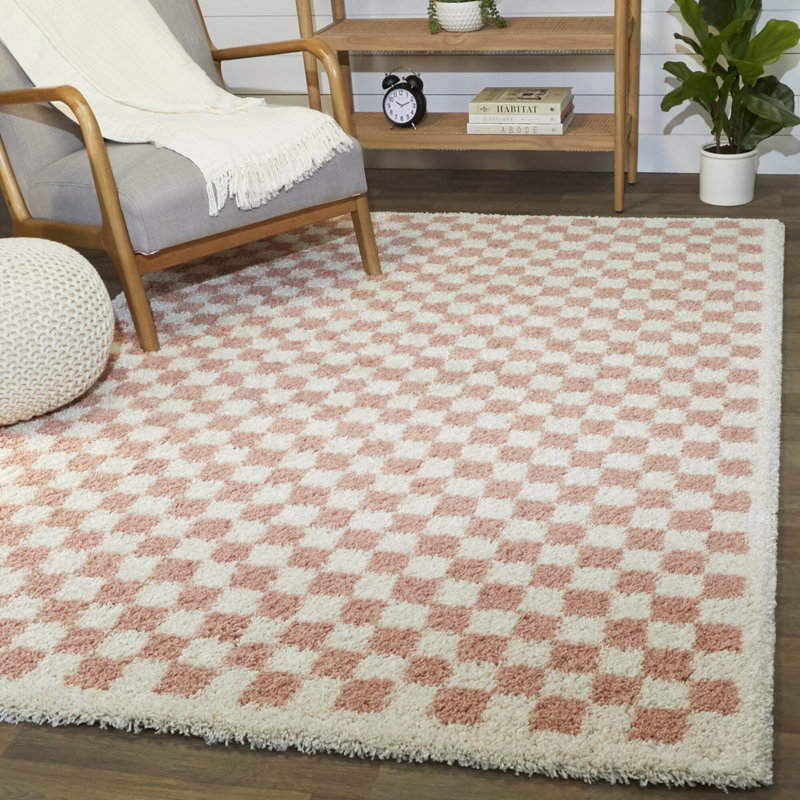 AllModern Walker Checkered Pink/Cream Shag Area Rug & Reviews | Wayfair