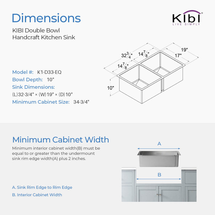 KIBI USA KIBI 19'' W Double Bowl Stainless Steel Undermount Kitchen ...