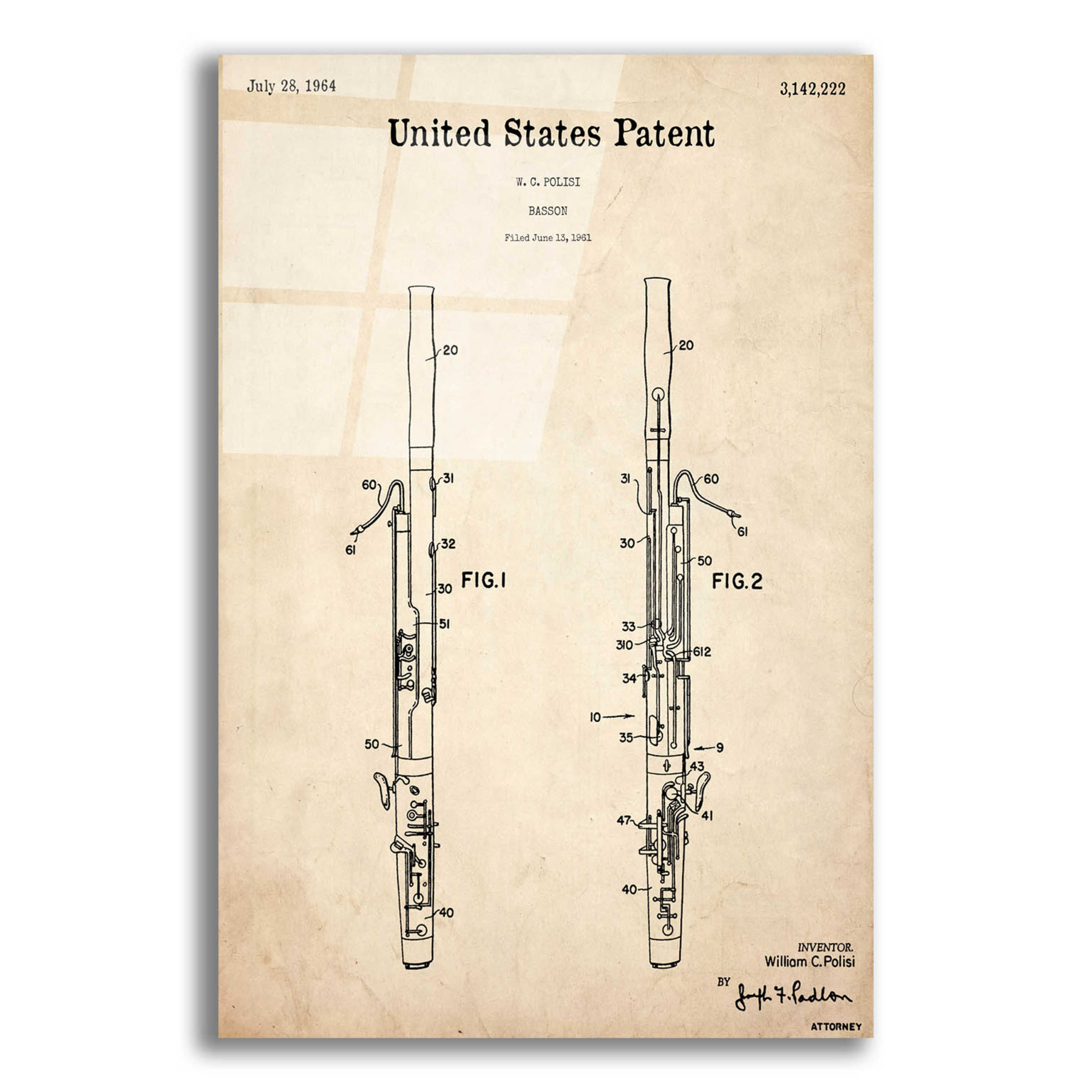 Williston Forge Bassoon Patent Parchment - Unframed Drawing Print | Wayfair