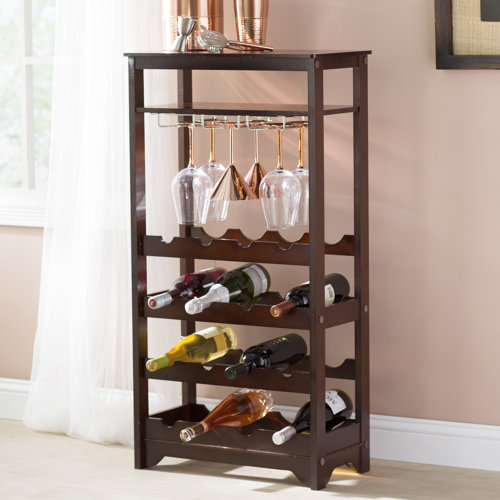 Charlton Home® 16 Bottle Floor Wine Bottle & Glass Rack in Espresso ...