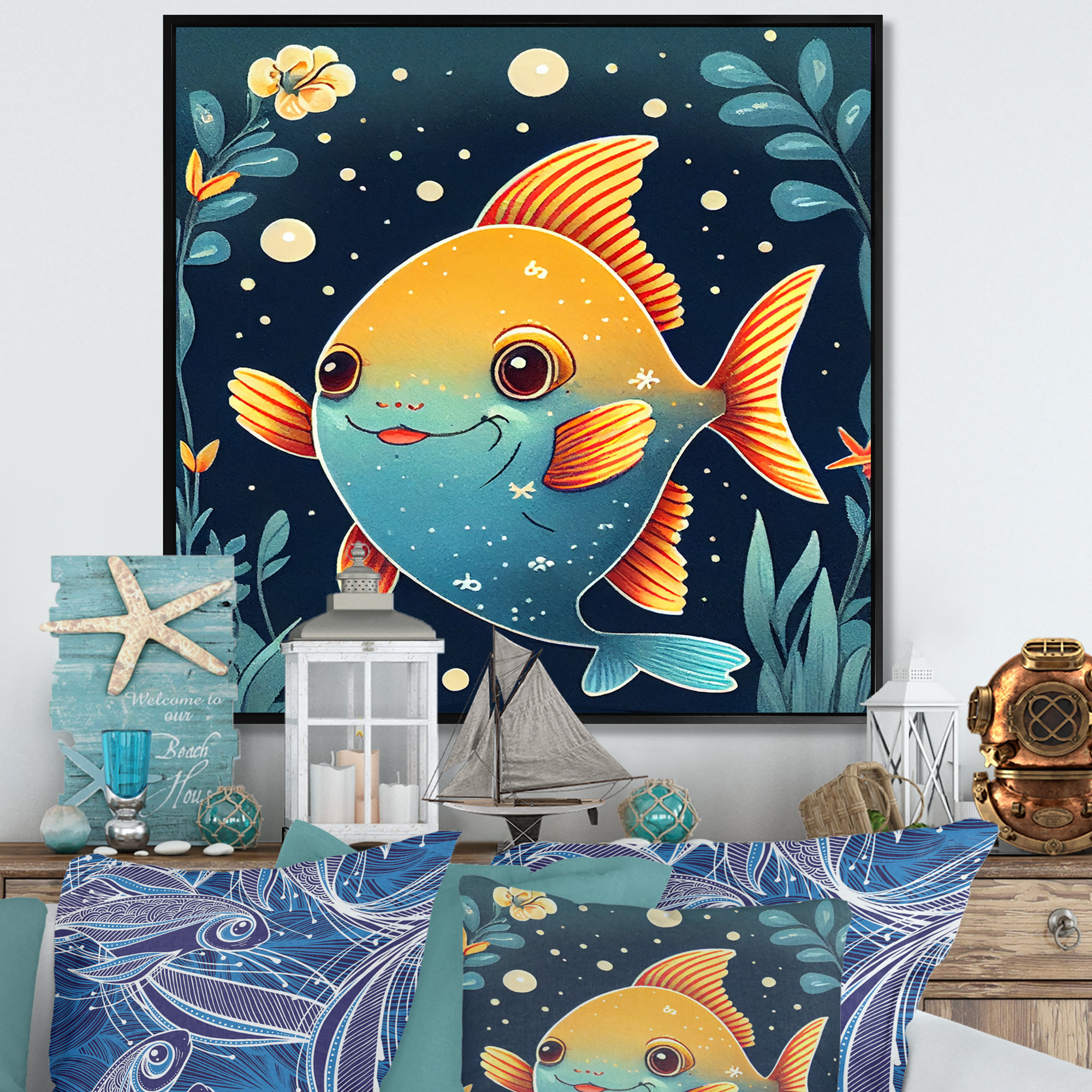 Sunside Sails Kamorah Cute Cartoon Fish In Orange And Blue On Canvas ...