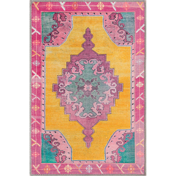 Bungalow Rose Oppie Performance Pink/Yellow/Blue Rug | Wayfair