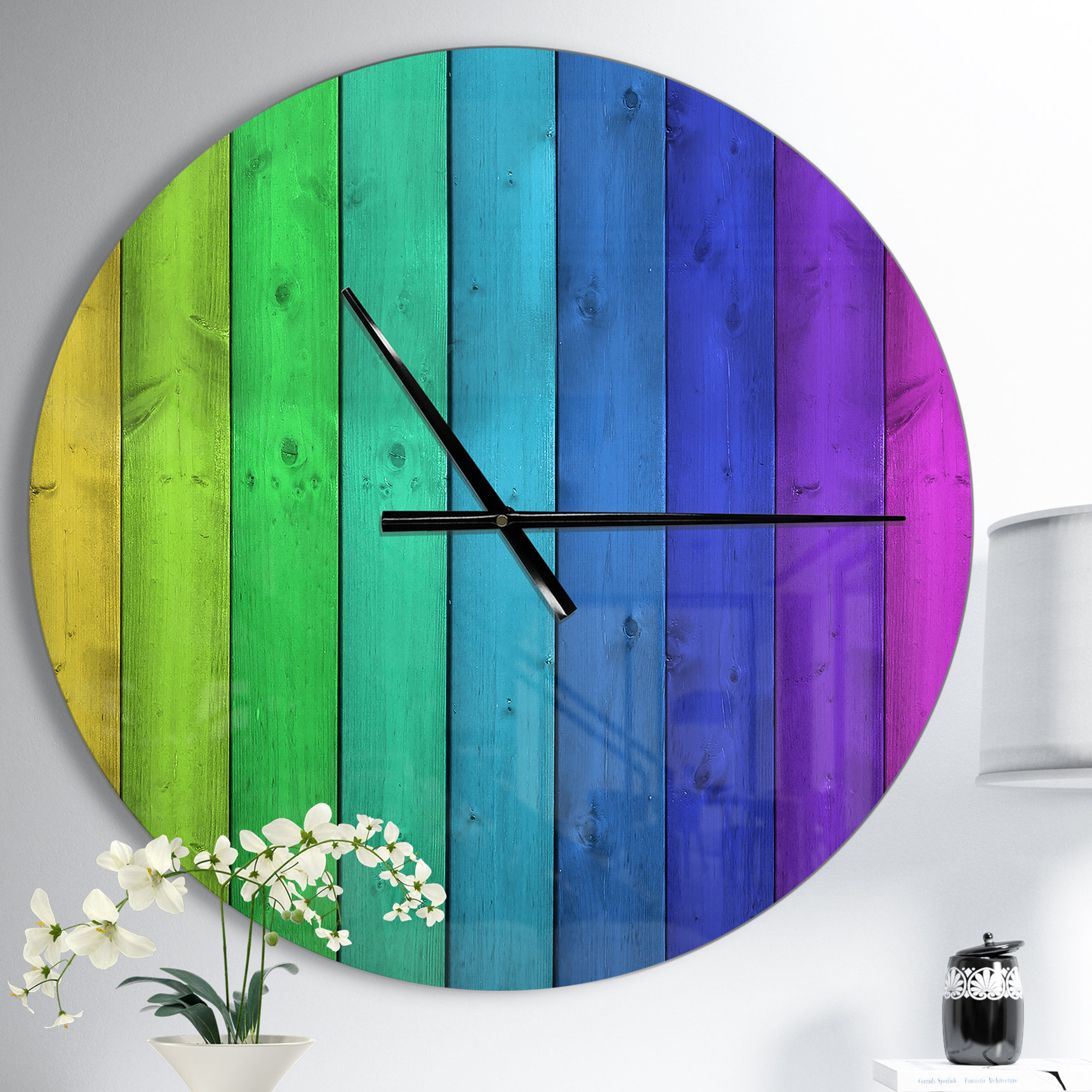 East Urban Home Rainbow Colors On Wooden - Modern wall clock | Wayfair