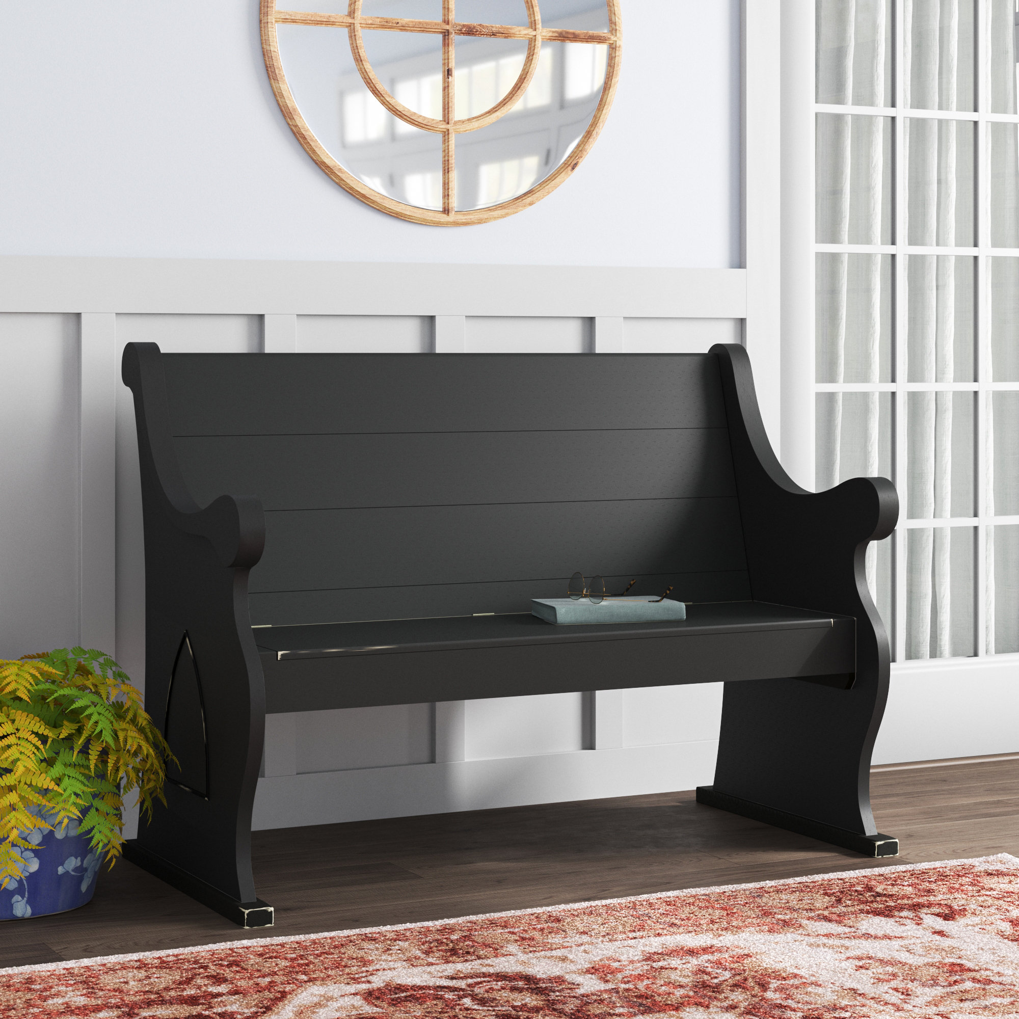 Lark Manor Payton Black Wood Storage Bench with Scrolled Armrests 50" x ...