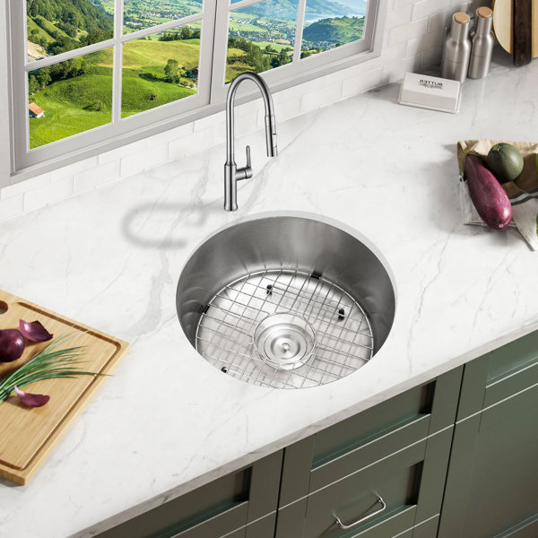 KBFmore Circular 18" L x 18" W Dual Mount Kitchen Bar Sink with Basket ...