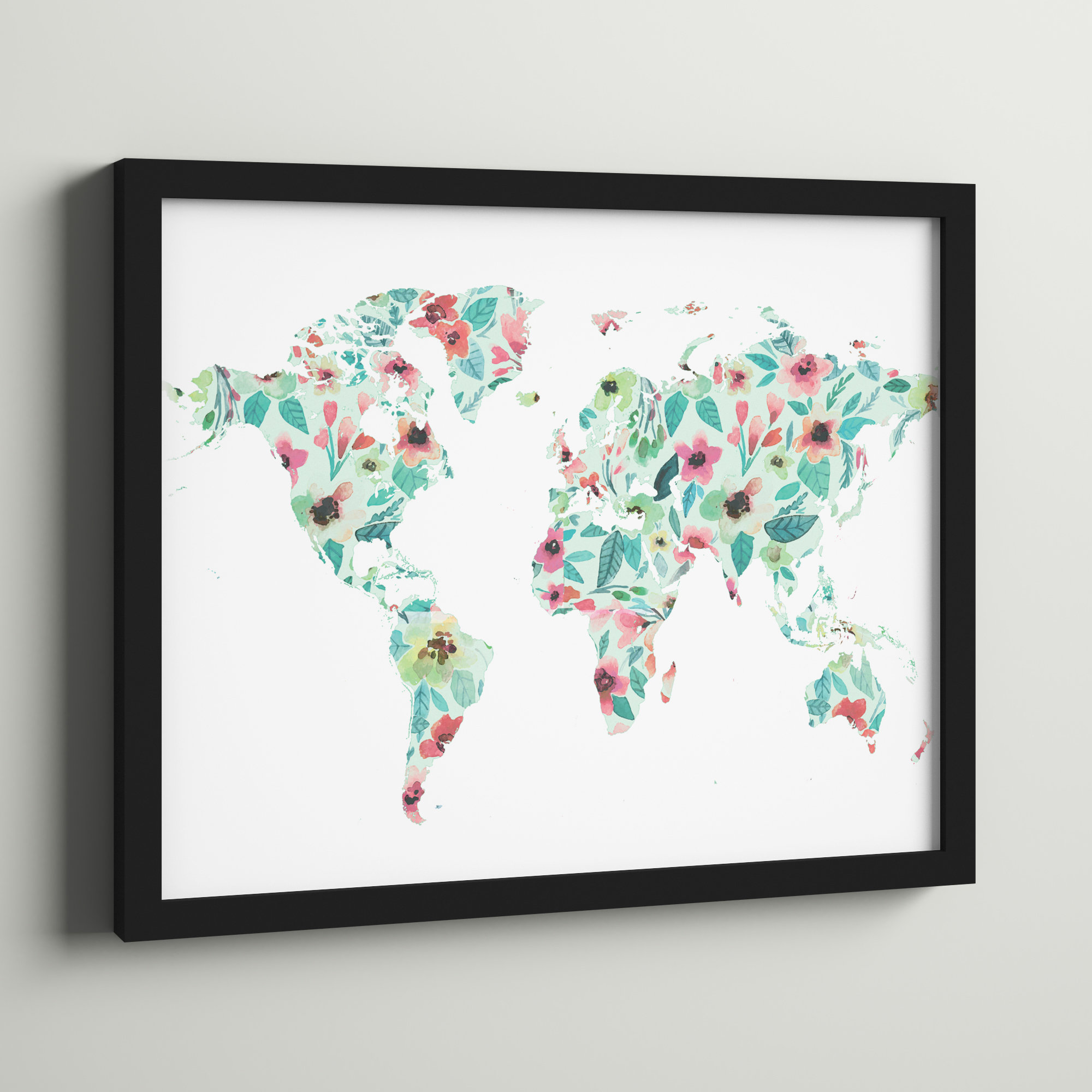 Three Posts™ Teen Floral World Map - Picture Frame Print on Canvas ...