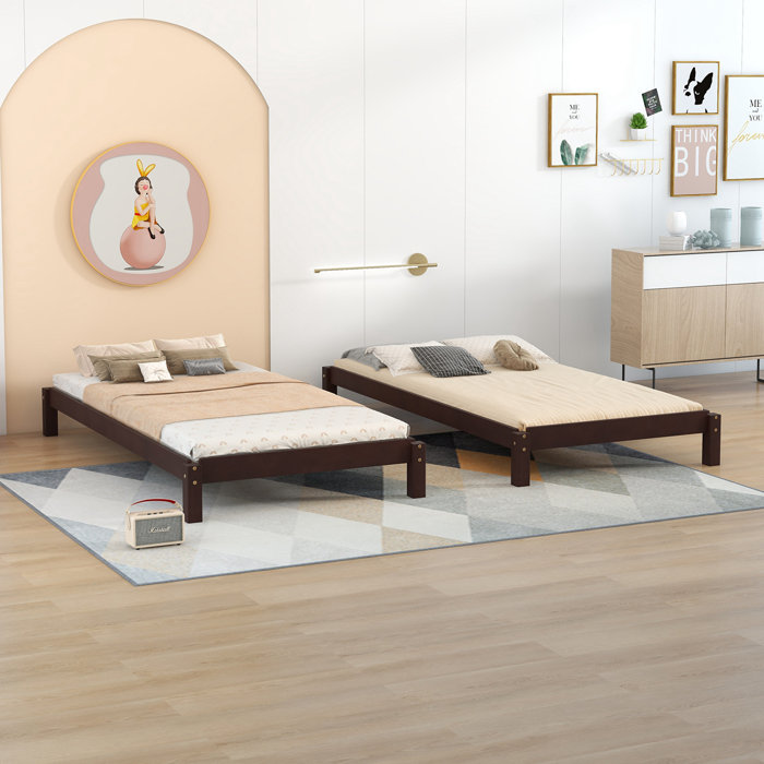 Ebern Designs Solid Platform Bed, 2 Twin Wood Bed Guest Bed Stackable ...