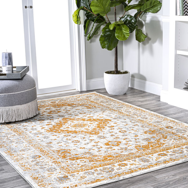 Bungalow Rose Machine Woven / Power Loomed Performance Orange/Cream Rug ...
