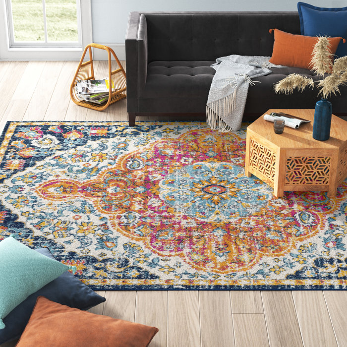 Langley Street Hibner Performance Saffron/Navy/Pink Rug & Reviews | Wayfair