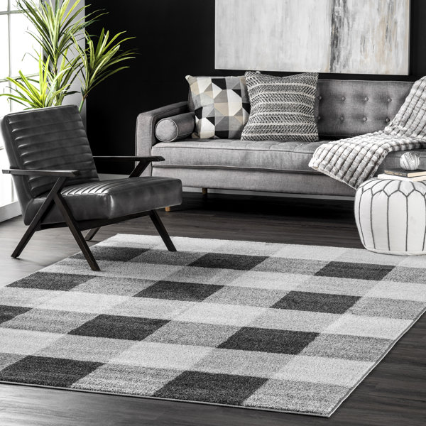 Gracie Oaks Vasag Plaid Power Loom Performance Black/ Gray/ White Rug ...
