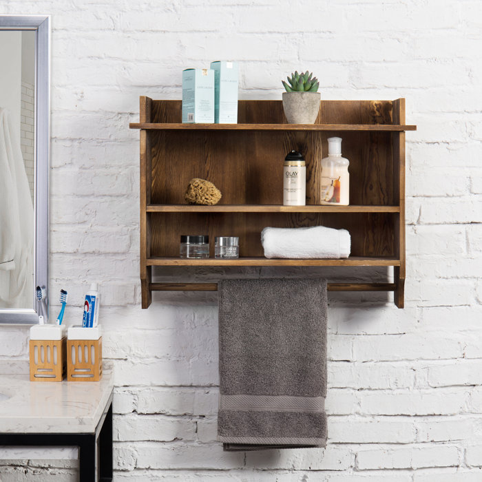 MyGift Solid Wood Wall Mounted Bathroom Shelves with Towel Bar ...