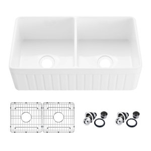 KIBI USA Pillar 33" W Double Bowl Fireclay Farmhouse Kitchen Sink ...