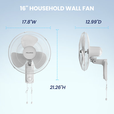 PELONIS 16'' Oscillating Wall Mount Fan with 3 Speed Settings ...