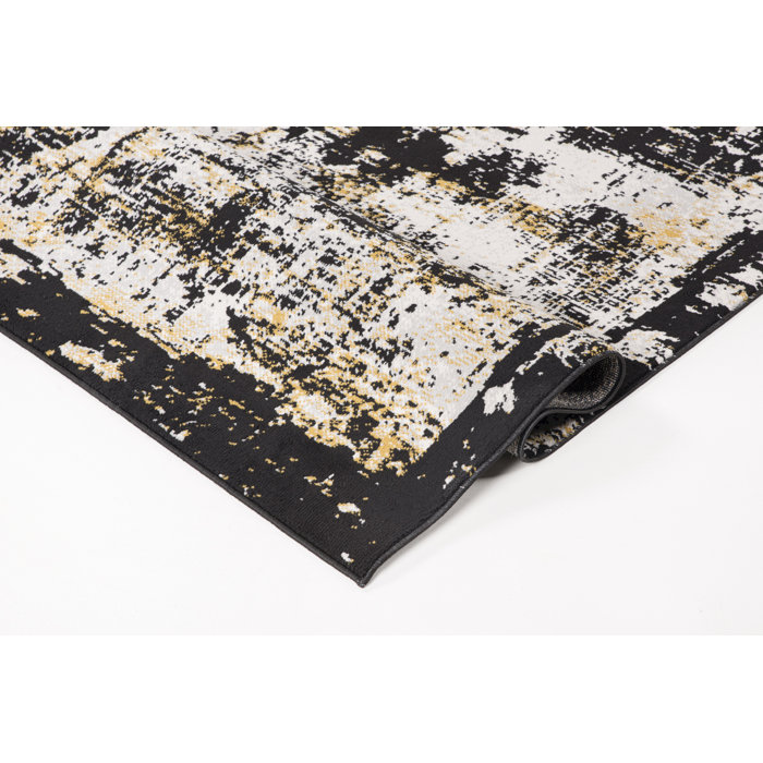 17 Stories Performance Neutral Ivory/Black/Gold Rug | Wayfair