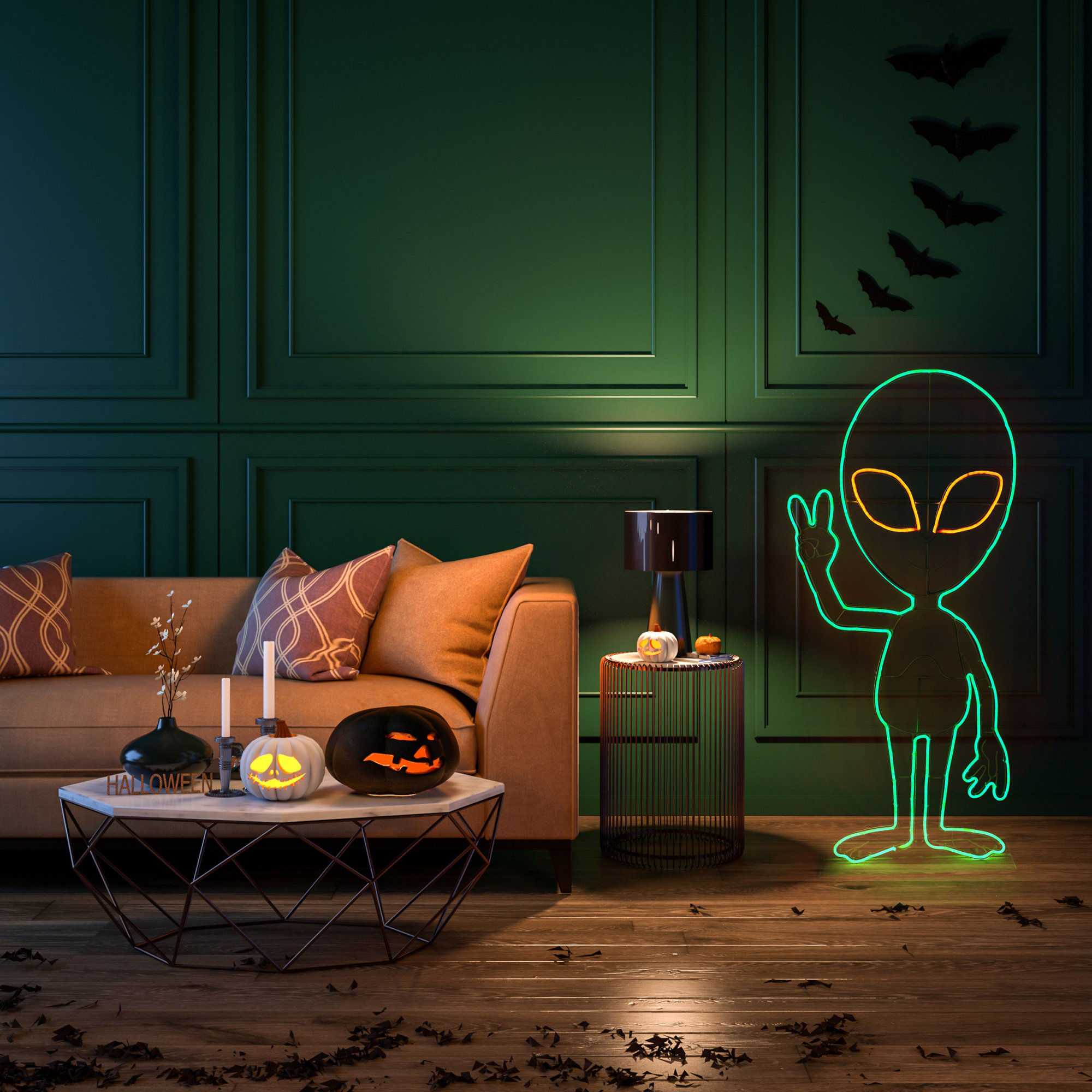 The Holiday Aisle® Halloween Neon Style Alien Lighted Display | Wayfair