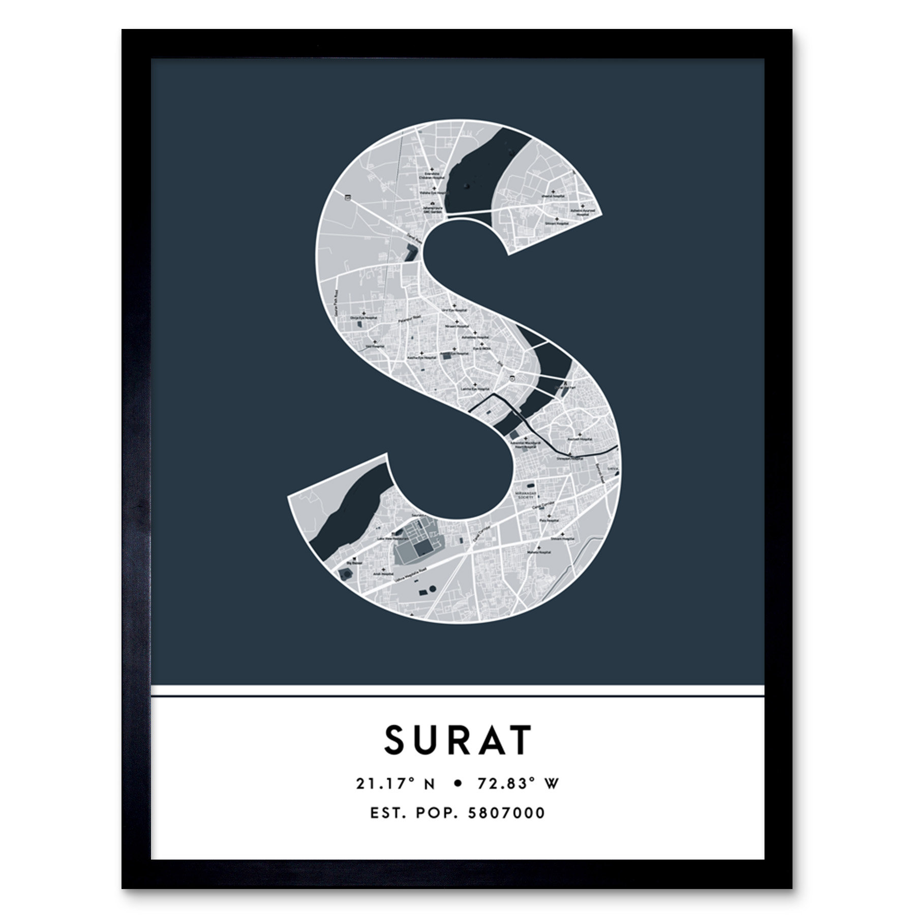 Wee Blue Coo Surat City Map Surat Navy by Wee Blue Coo - Picture Frame ...