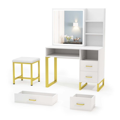 Millwood Pines Ipava Vanity Set With Lighted Mirror, Makeup Vanity ...