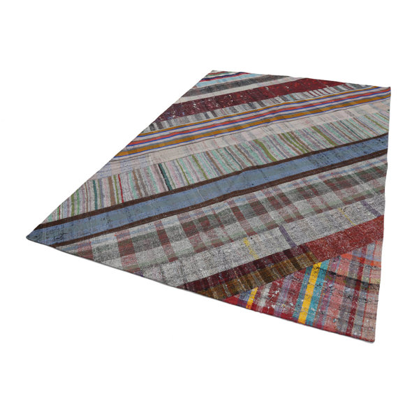 Gracie Oaks Jaycie Kirk Yama Hand-Knotted Cotton/Wool Grey/Blue Rug ...