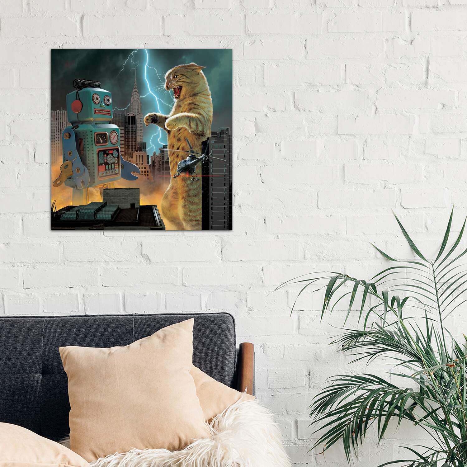 East Urban Home Catzilla Vs Robot by Vincent Hie - Graphic Art | Wayfair