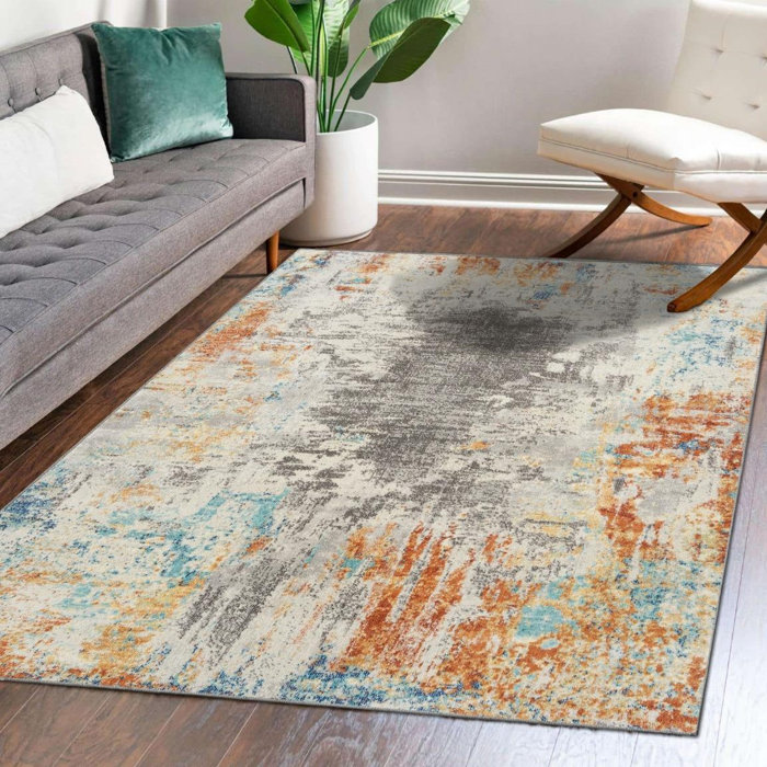 17 Stories Elkhorn Performance Gray/Orange Rug | Wayfair