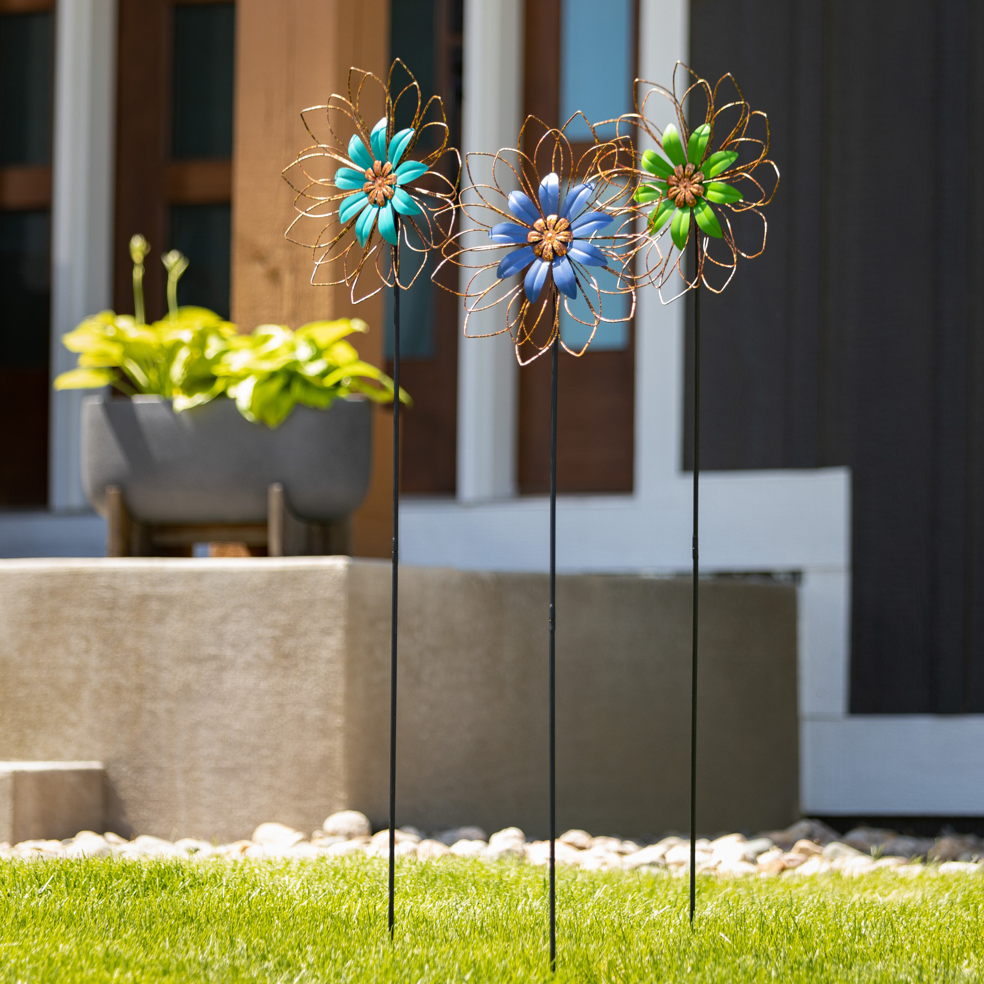 Arlmont & Co. Lationa Blooming Flower 3 Piece Garden Stake Set | Wayfair