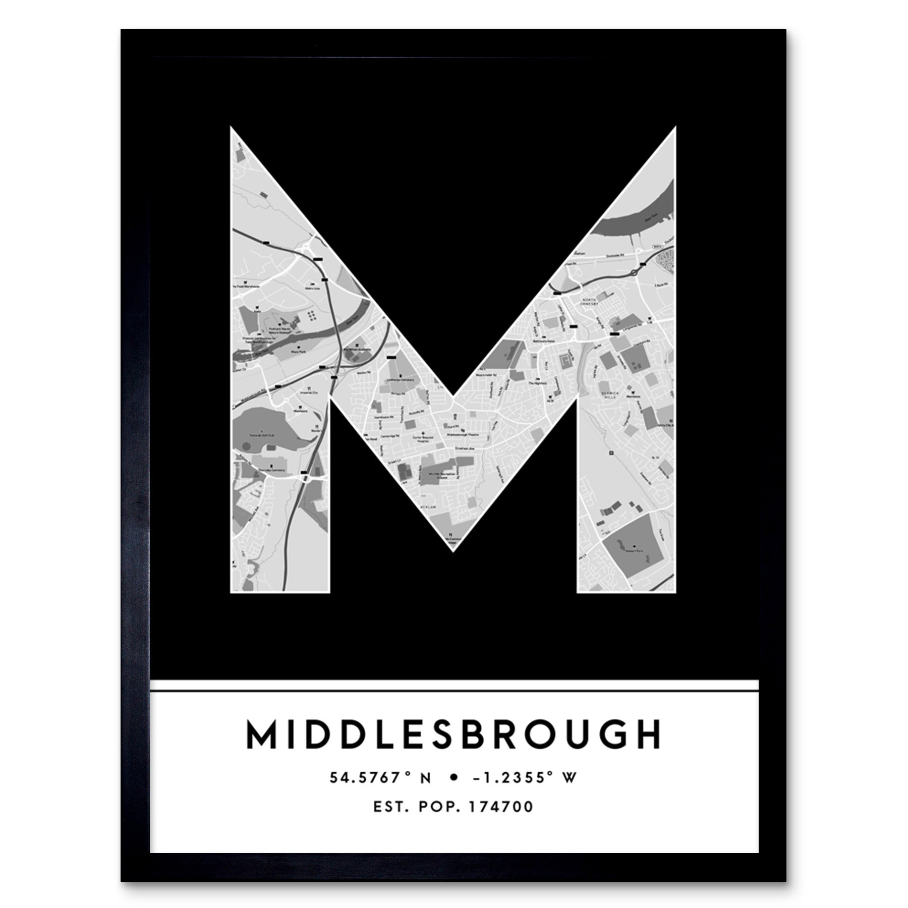 Wee Blue Coo Middlesbrough City Map Middlesbrough Black & White by Wee ...