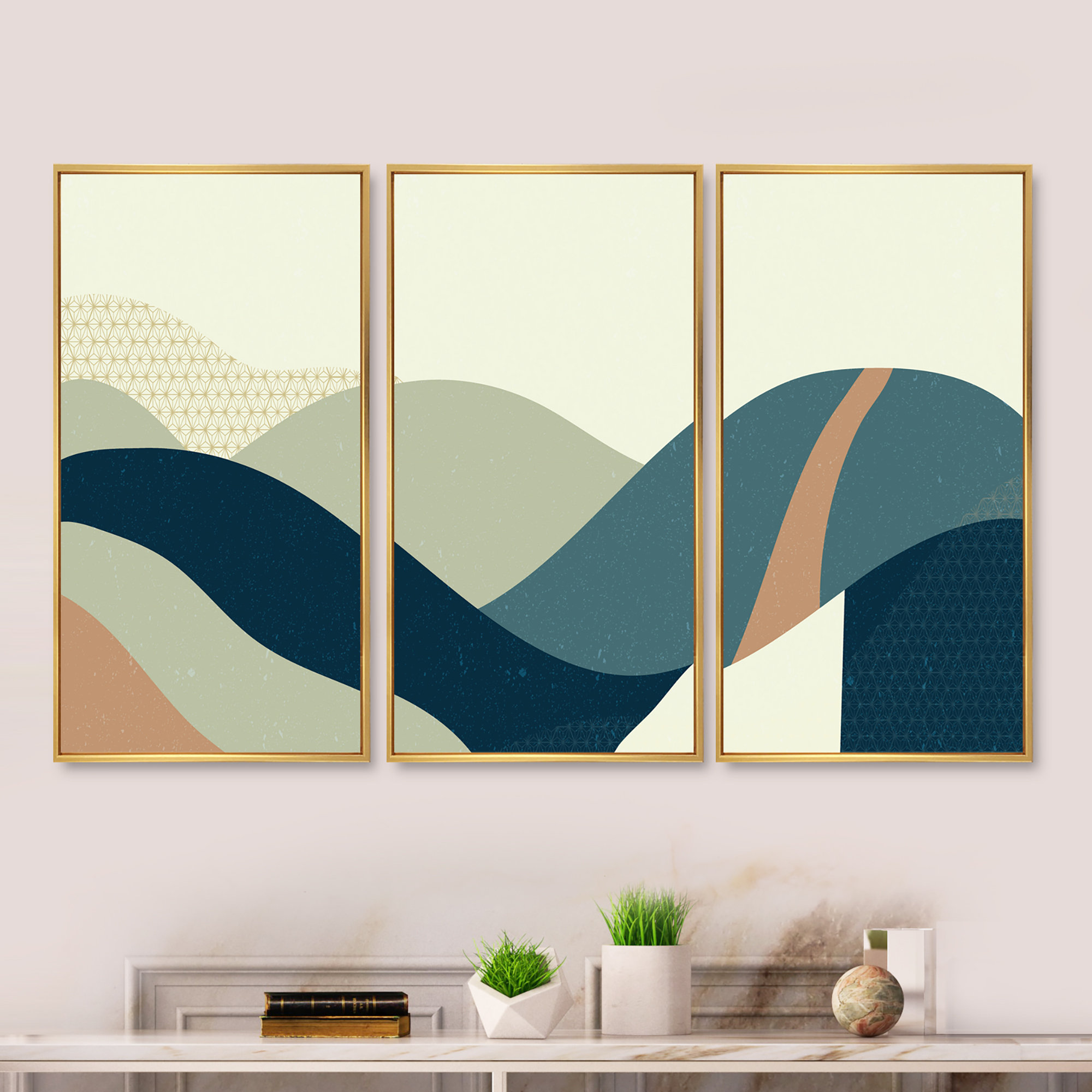 George Oliver Abstract Geometric Landscape With Hills - 3 Piece Floater ...