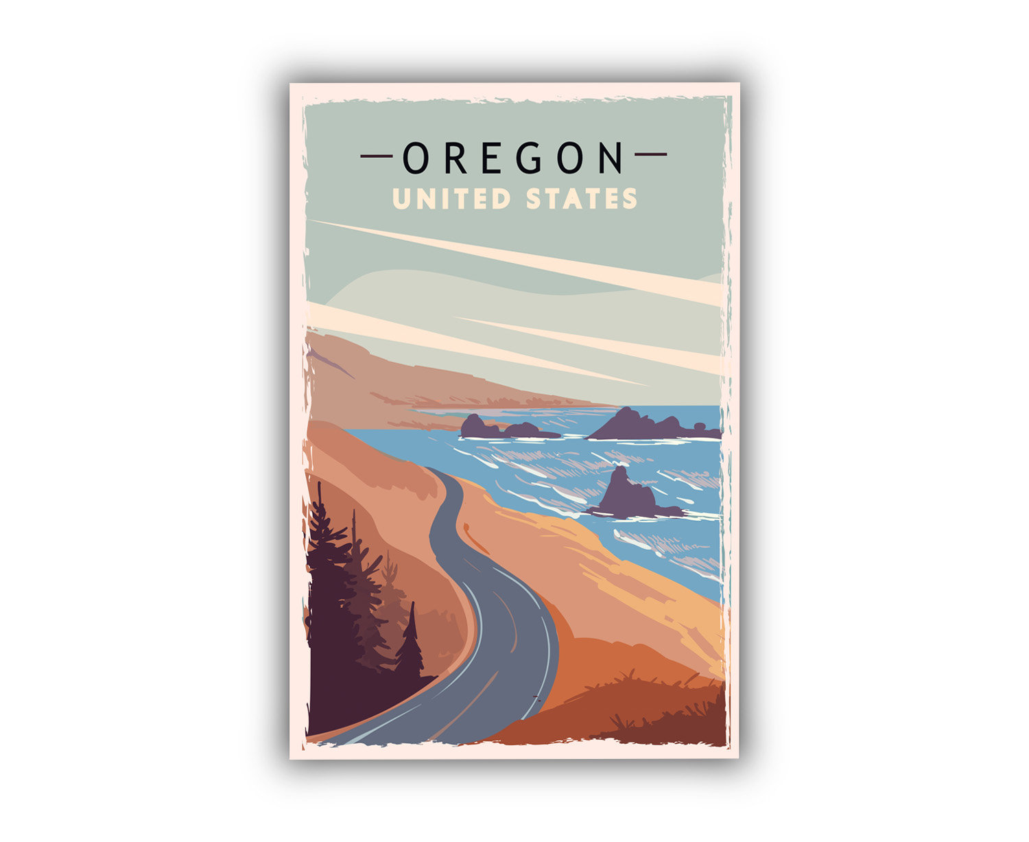 Trinx Oregon Retro Style State Travel Poster, Vintage Unframed Print ...