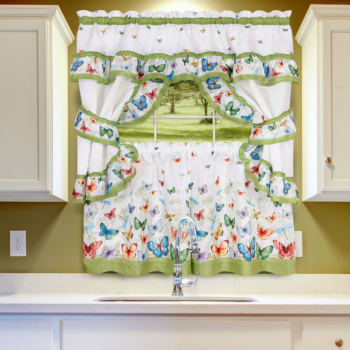August Grove® Ebert Ruffled 57'' Kitchen Curtain in Green/White ...